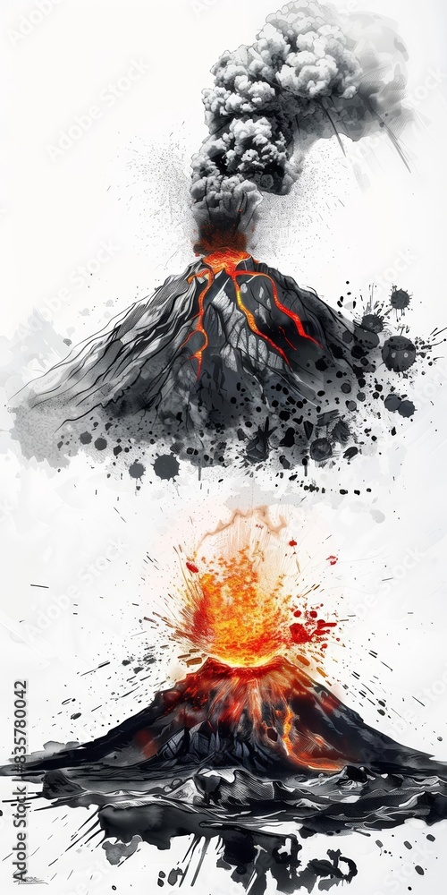 Eruption of a volcano sequence theme top view illustrating the stages ...