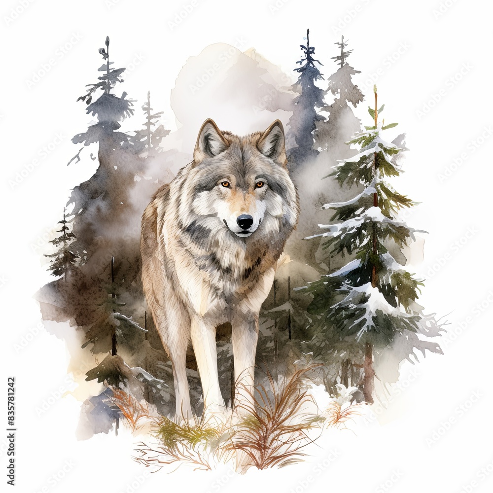 Wolf in snowy forest watercolor clipart illustration on white ...