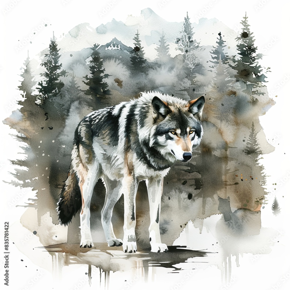 Wolf in snowy forest watercolor clipart illustration on white background Stock Illustration ...