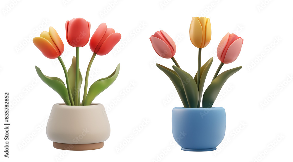 3D cartoon model of a potted tulip, ideal for spring-themed designs and ...