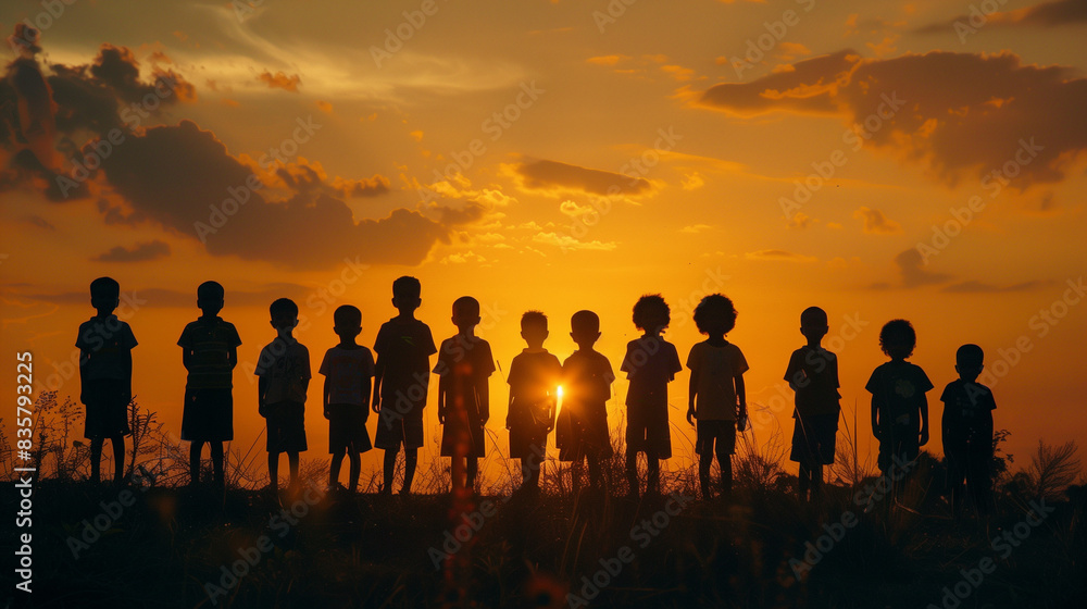 Silhouette back refugee kid group.Responsible.Kid child boy and girl ...