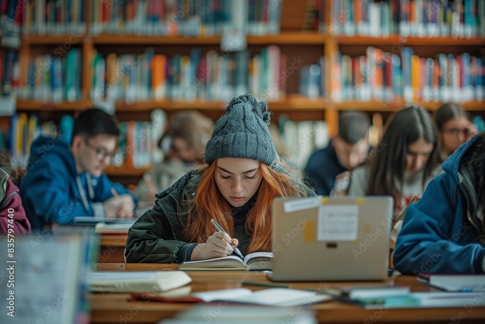 In the university library, students are immersed in a focused academic ...