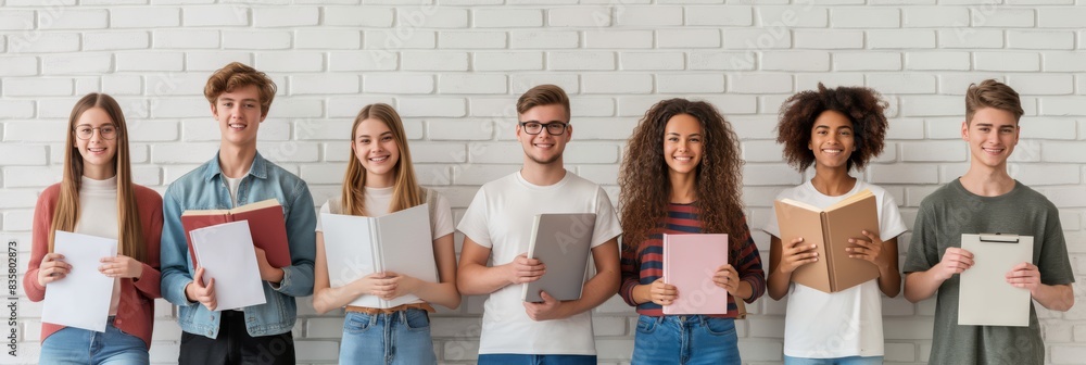 A diverse group of students holding books is standing against a white ...