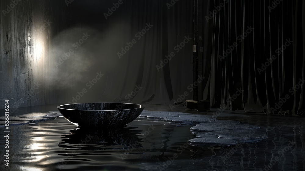 Foto de Reflective light on water in empty dark setting with product ...