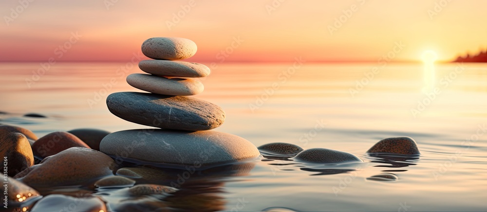 Zen stones stacked in a serene environment with a calming sunset ...