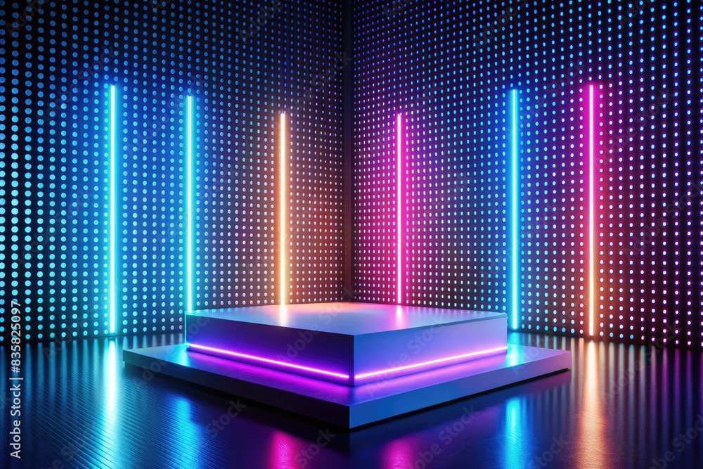 Futuristic stage with colorful LED light columns. Stock Illustration ...