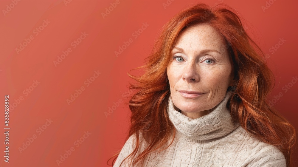 Confident mature woman with red hair, studio portrait on colorful ...