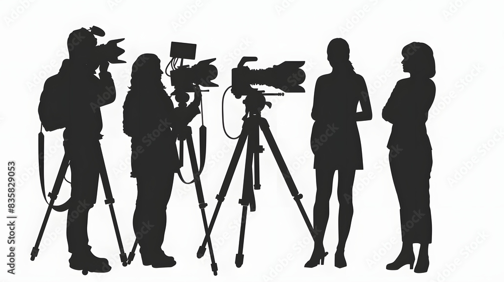 Journalist News Reporter Interview with camera crew vector silhouette ...