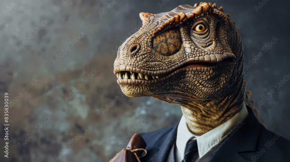 Funny dinosaur T-Rex in a business suit, unexpected office worker ...