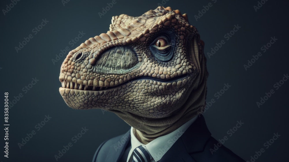 Funny dinosaur T-Rex in a business suit, unexpected office worker ...