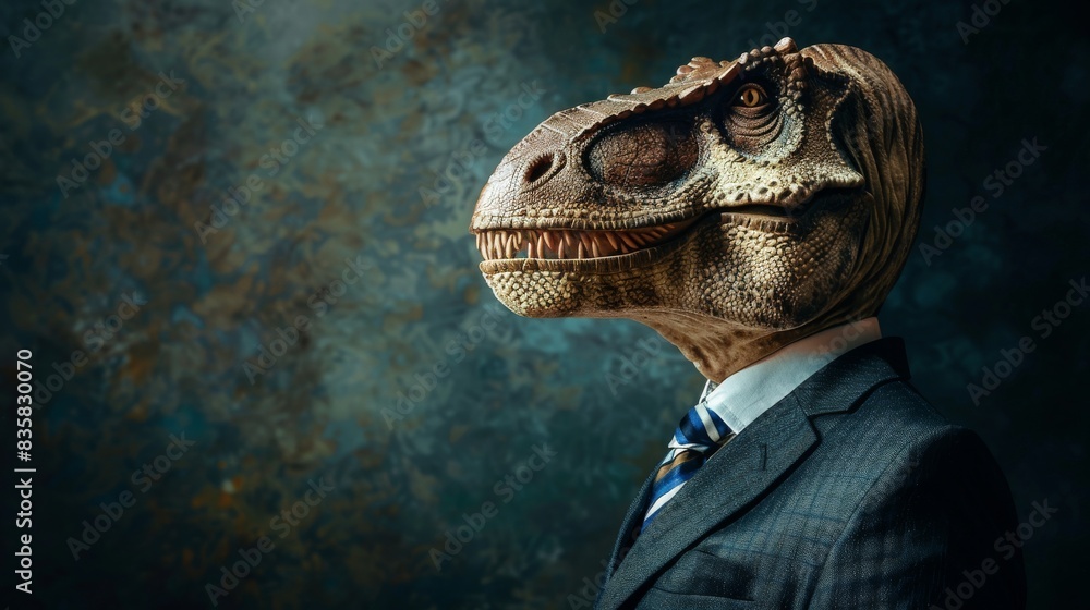 Funny dinosaur T-Rex in a business suit, unexpected office worker ...