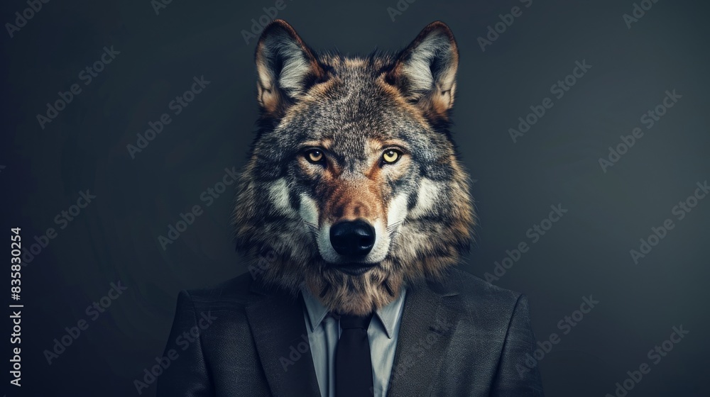 Funny wolf in a business suit, unexpected office worker. wolf wearing a ...