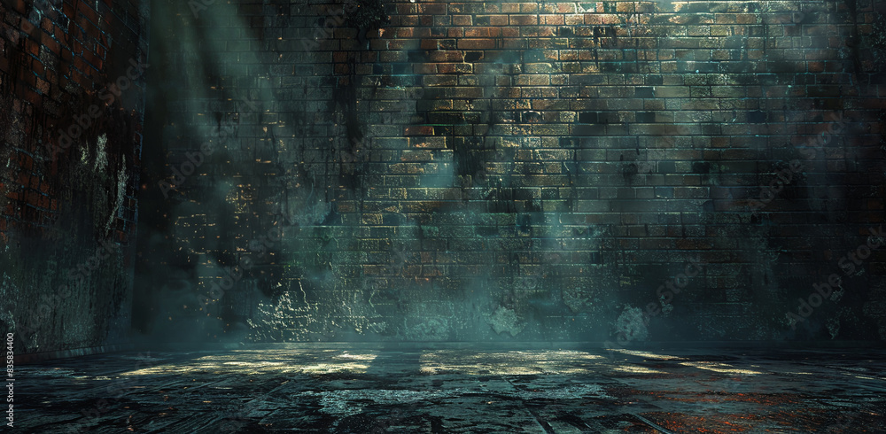 gloomy abandoned basement with a brick wall in smoke and poor lighting ...