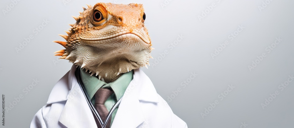 Exotic vet examining a bearded dragon's CT scan on a tablet against a ...