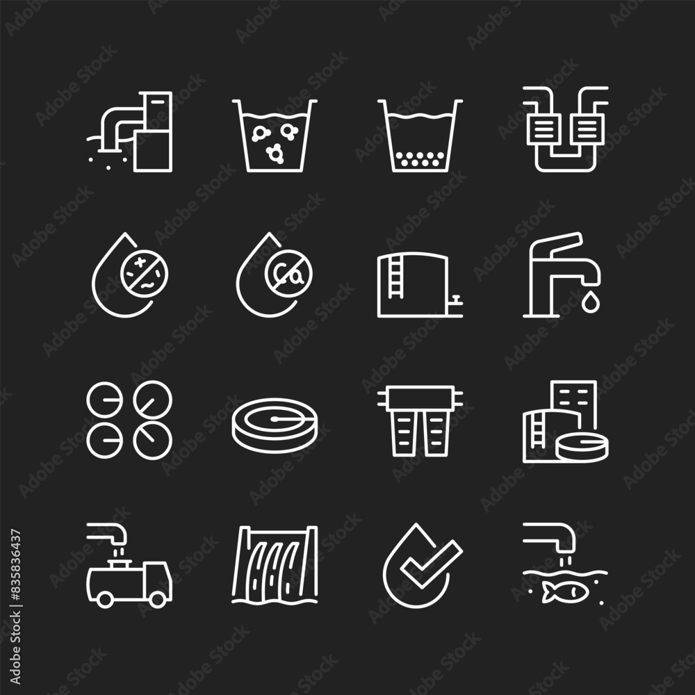 Water treatment icons, white on black background. Treatment facilities ...