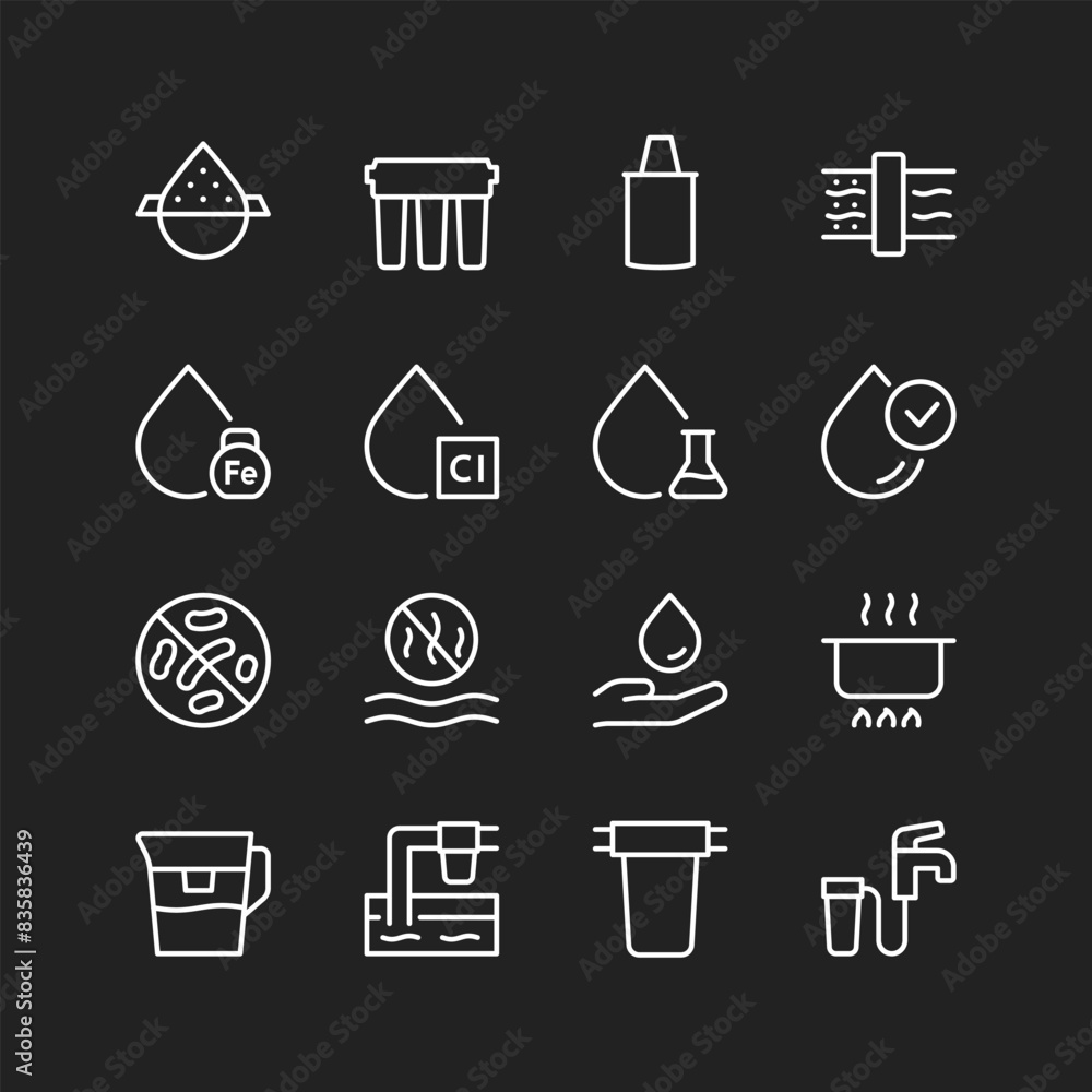 Water treatment icons, white on black background. Treatment facilities ...