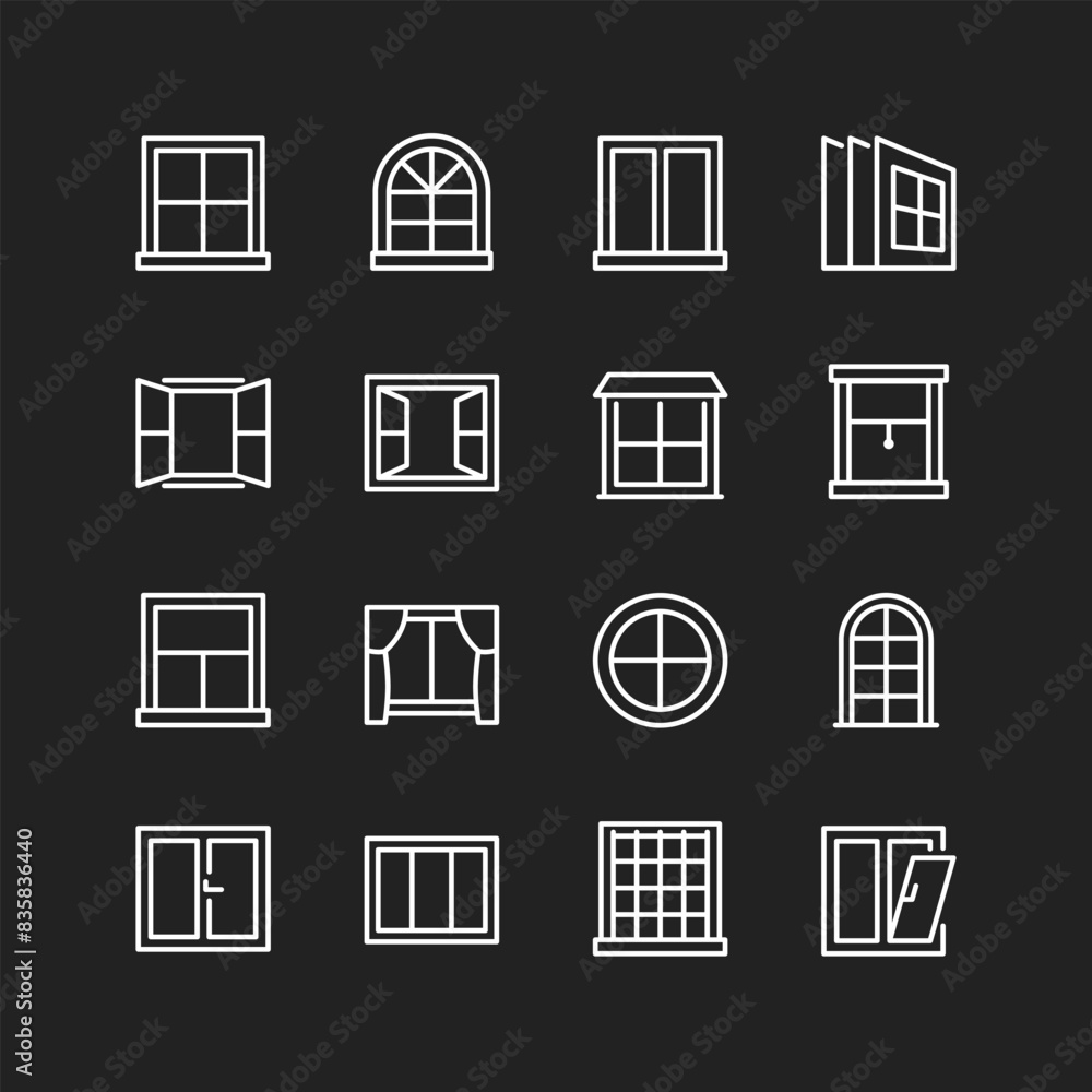 Window frame icons, white on black background. Various residential and ...
