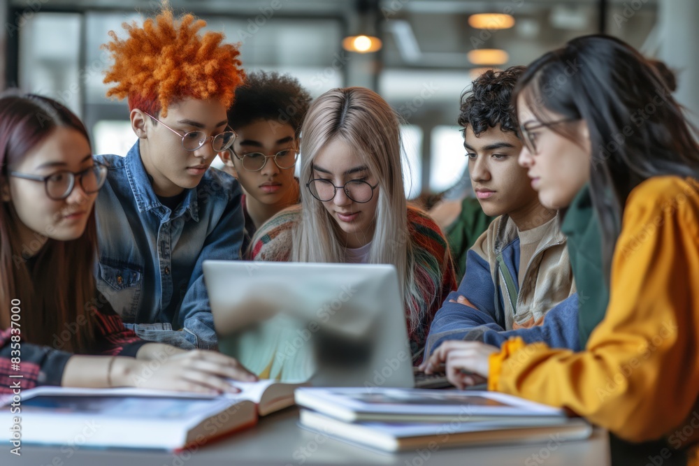 In a modern study space, diverse students are engaged in teamwork on a ...