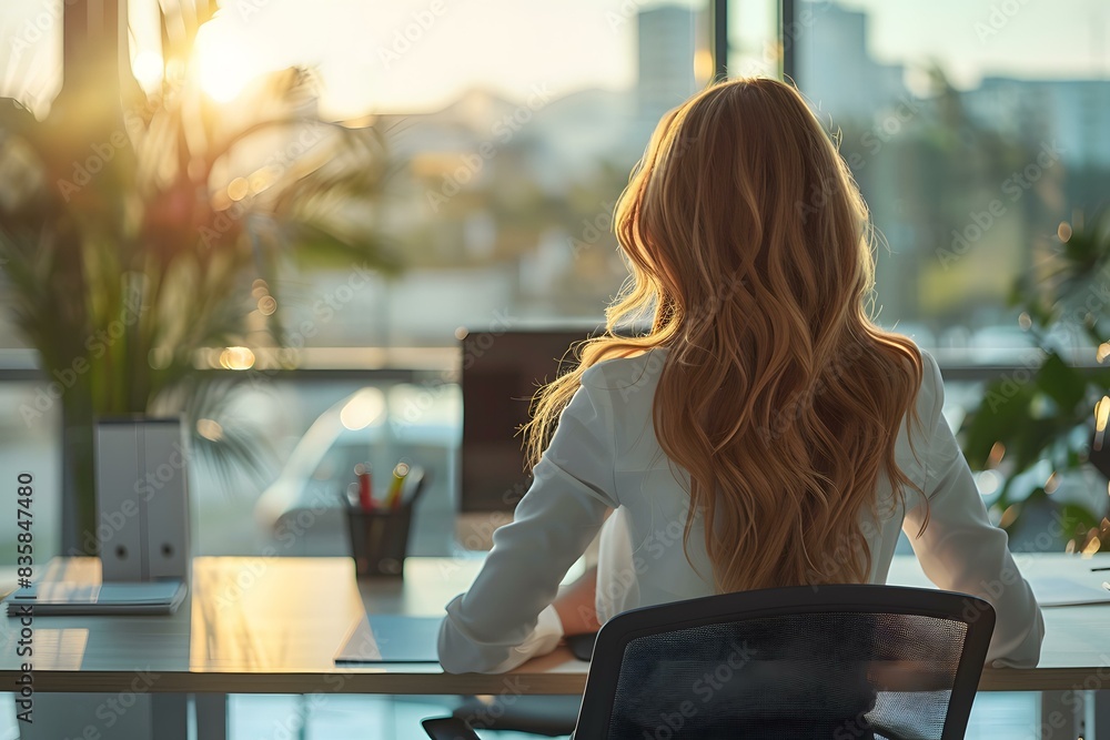 business woman sitting back to camera at her working place in front of ...