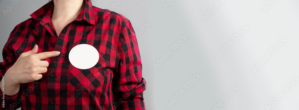 Round badge sticky label mockup template. Pin button on chest. White ...