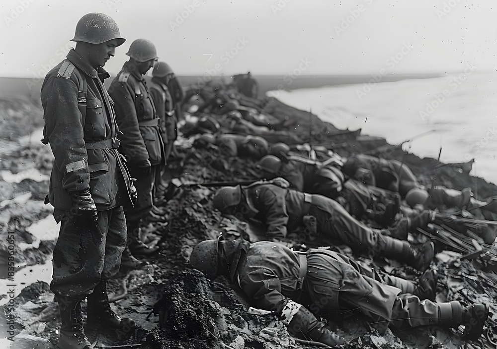 Black and white photo of a group of soldiers in a muddy trench during ...