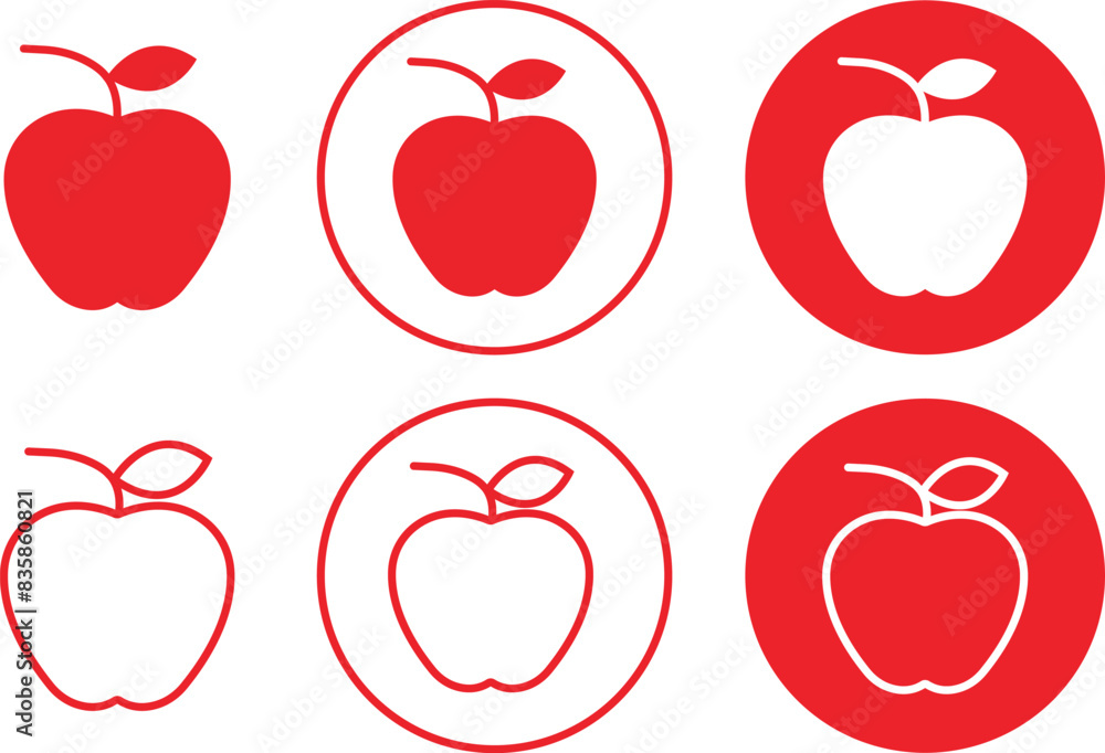 Set of Red apples along with leaves icons. Healthy apples Icons in ...