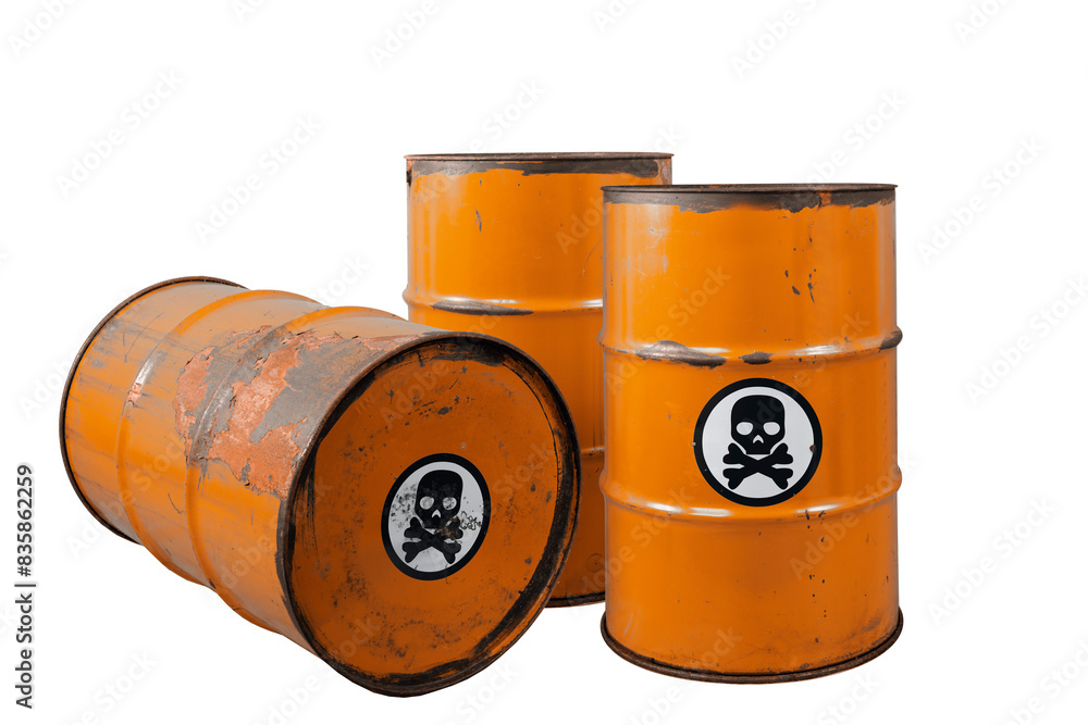 Barrel with toxic waste. Biohazard warning sign human skull with two ...