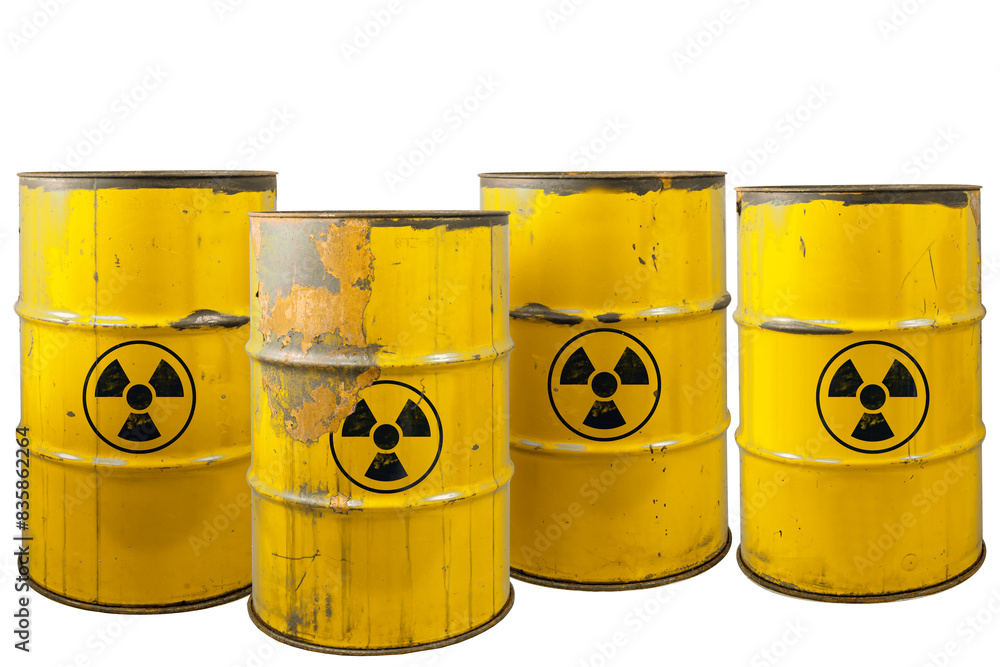 Barrel with radioactive waste. Nuclear warning sign. Rusty dangerous ...