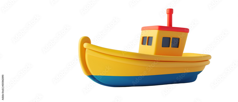 Colorful 3D illustration of a small yellow and blue boat with a red top ...