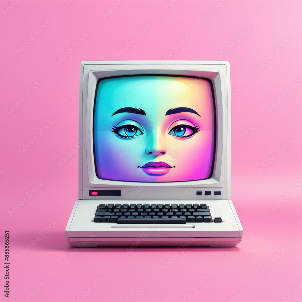 A retro computer monitor displaying a colorful, lifelike face on a ...