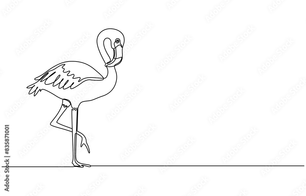 flamingo bird, black line drawing, one line outline on white background ...