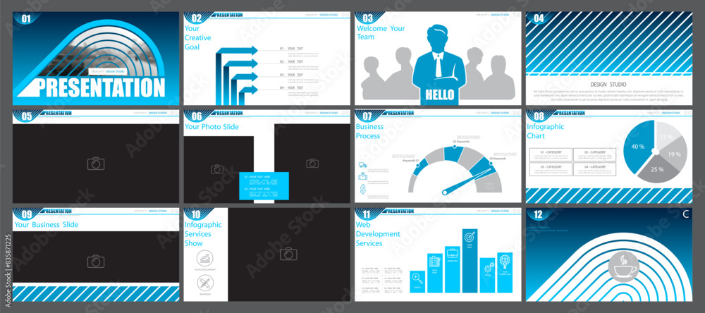 Starting a business project presentation template. Design blue elements ...