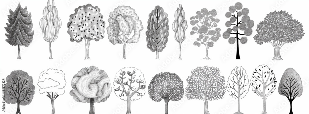 Coloring page with trees of various types and shapes on a white ...