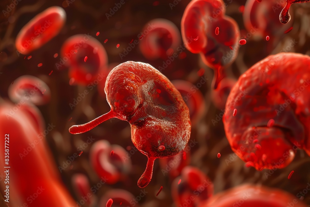 Microscopic view of red blood cells in human bloodstream, showing ...