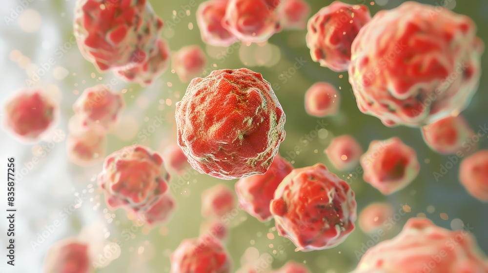 Microscopic view of red cancer cells, depicting the complex structure ...
