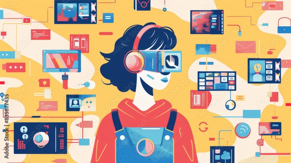 A flat design illustration of a Gen Z individual seamlessly navigating ...