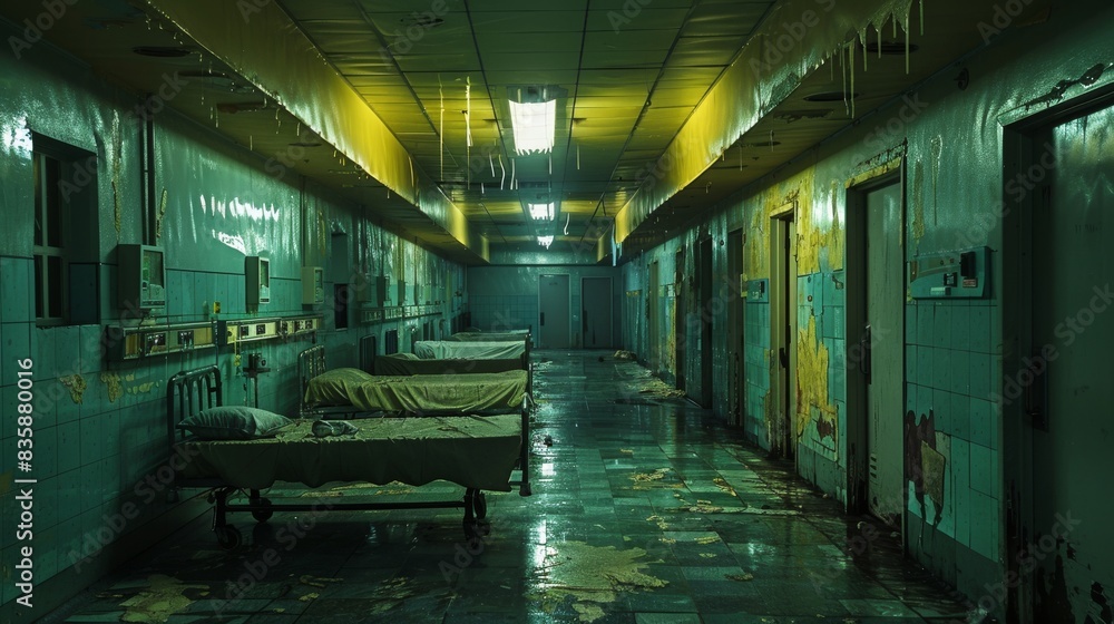 Eerie hospital ward with flickering yellow lights, green sheets hiding ...