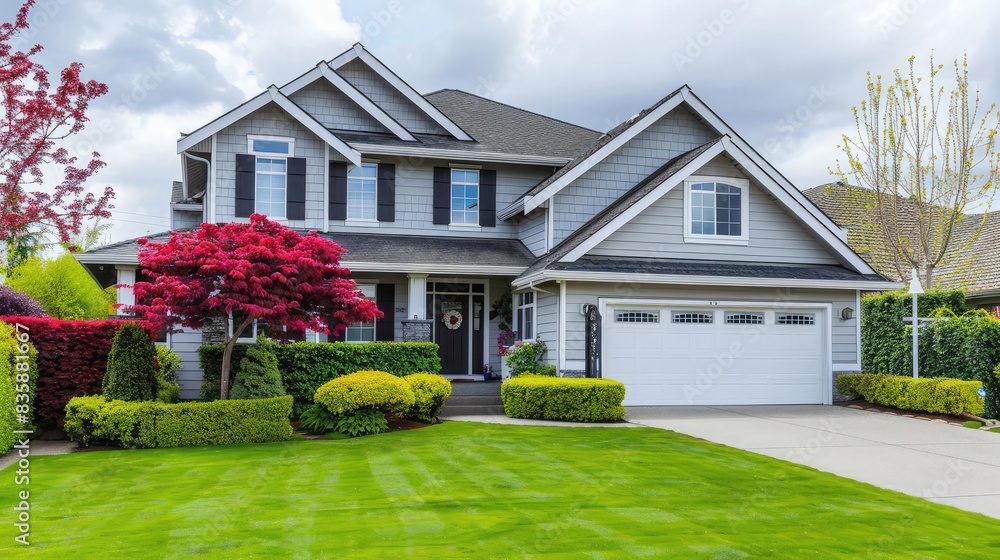 Big siding house with garage and high column porch. Green lawn with ...