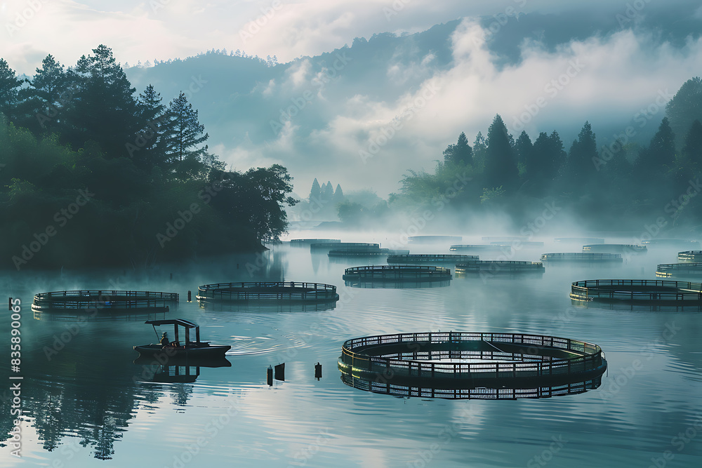 serene aquatic landscape, several fish pens float peacefully on the ...