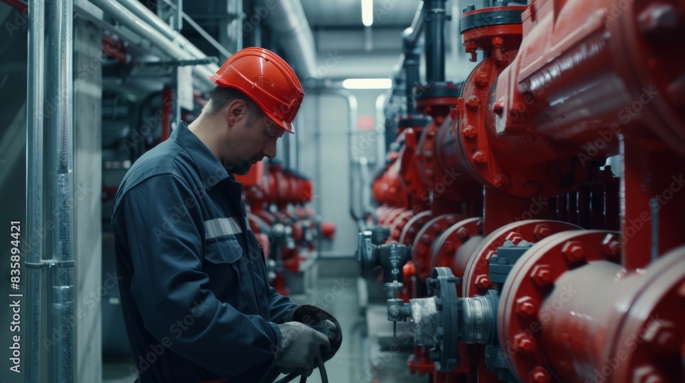 Male worker at water supply station inspects water pump valves ...