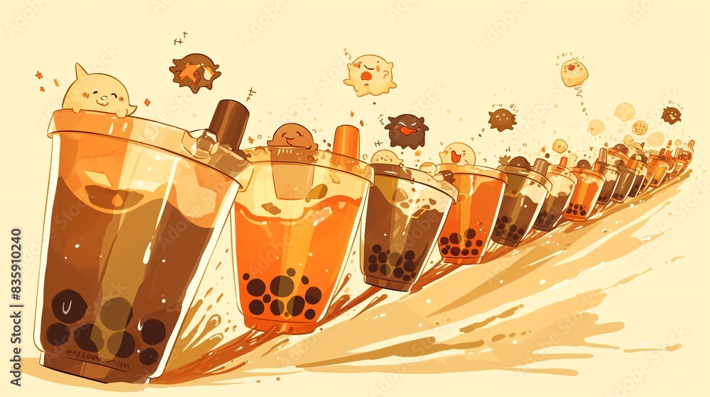 A humorous illustration of boba tea cups engaged in a race, with each ...