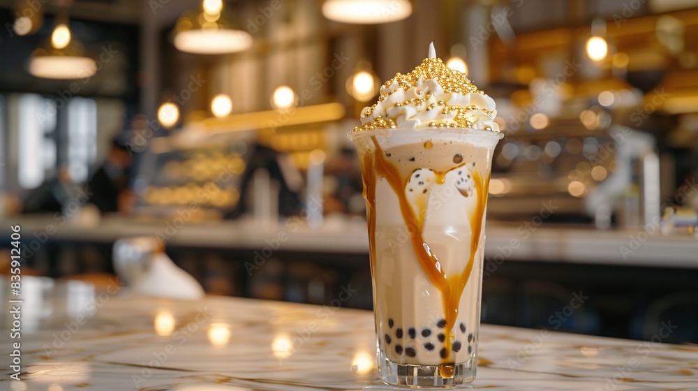 A lavish display of luxury boba tea, featuring a crystal-clear glass ...