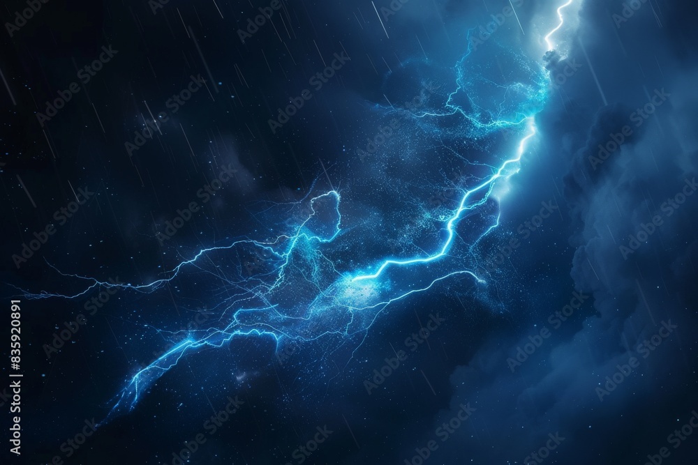 A blue lightning bolt streaks through the night storm, its crackling ...