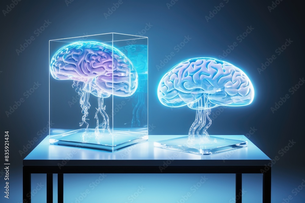 Two brains on the table. Left brain and right brain concept. 3D ...