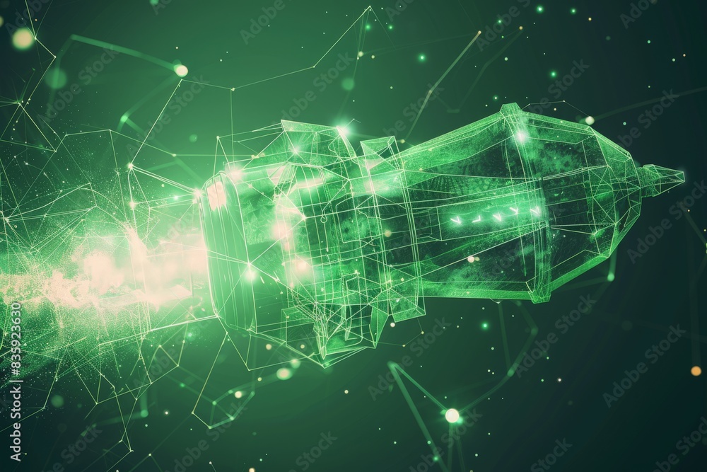 Green radiant light bulb spaceship launch with a wireframe electrical ...