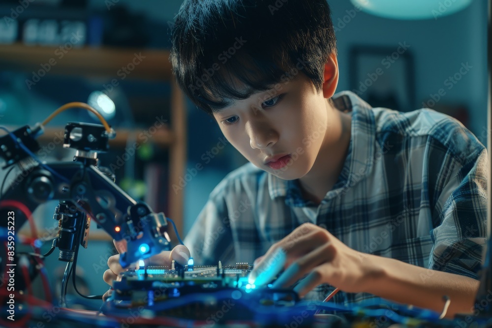 Asian teenager students doing robot arm and robotic cars homework ...