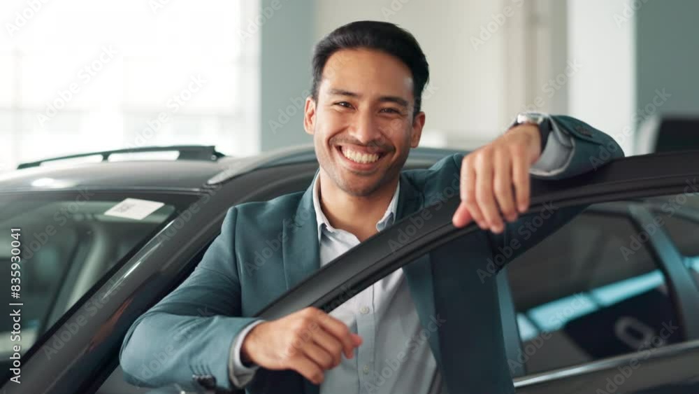 Portrait, salesman and smile in car dealership with confidence, pride ...