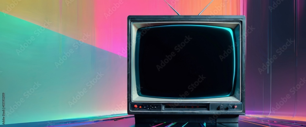 Retro television set with a black screen, illuminated by vibrant neon ...