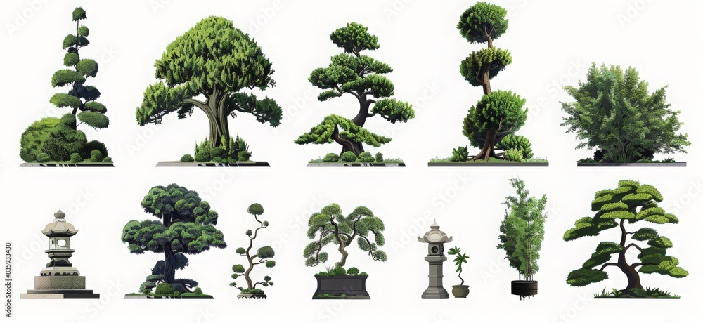 Collection set of different shape of topiary tree isolated on white ...