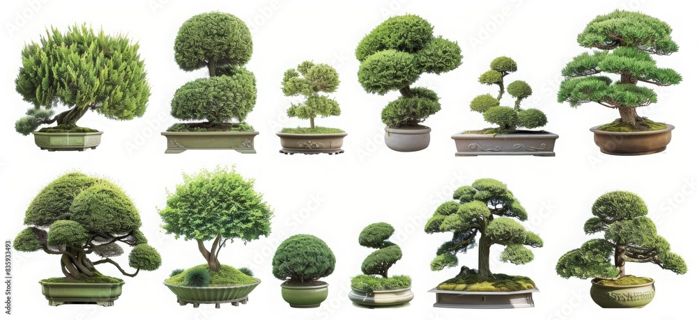 Collection set of different shape of topiary tree isolated on white ...